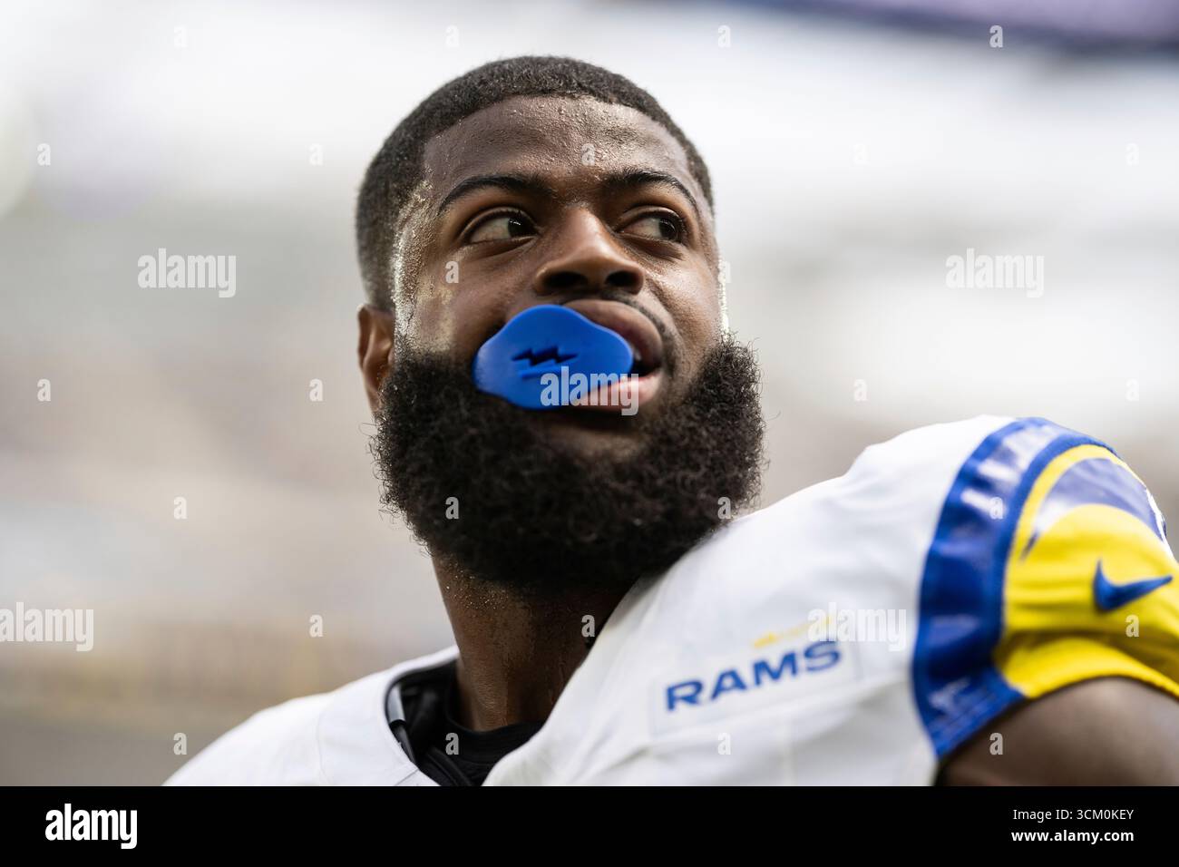 Los Angeles Rams linebacker Jared Verse (8) walks on the field before ...