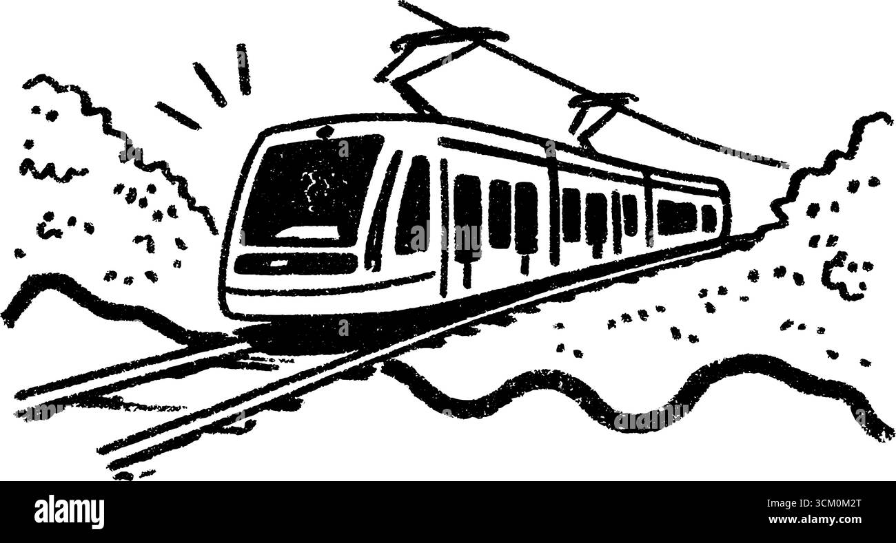 Dynamic sketch of electric tram on tracks with vibrant lines for urban ...