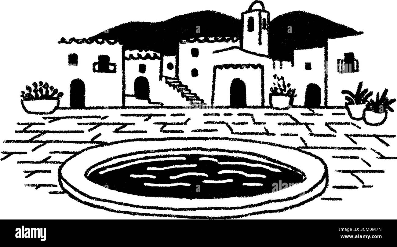 Vintage sketch of an old town square with fountain and pavement for ...