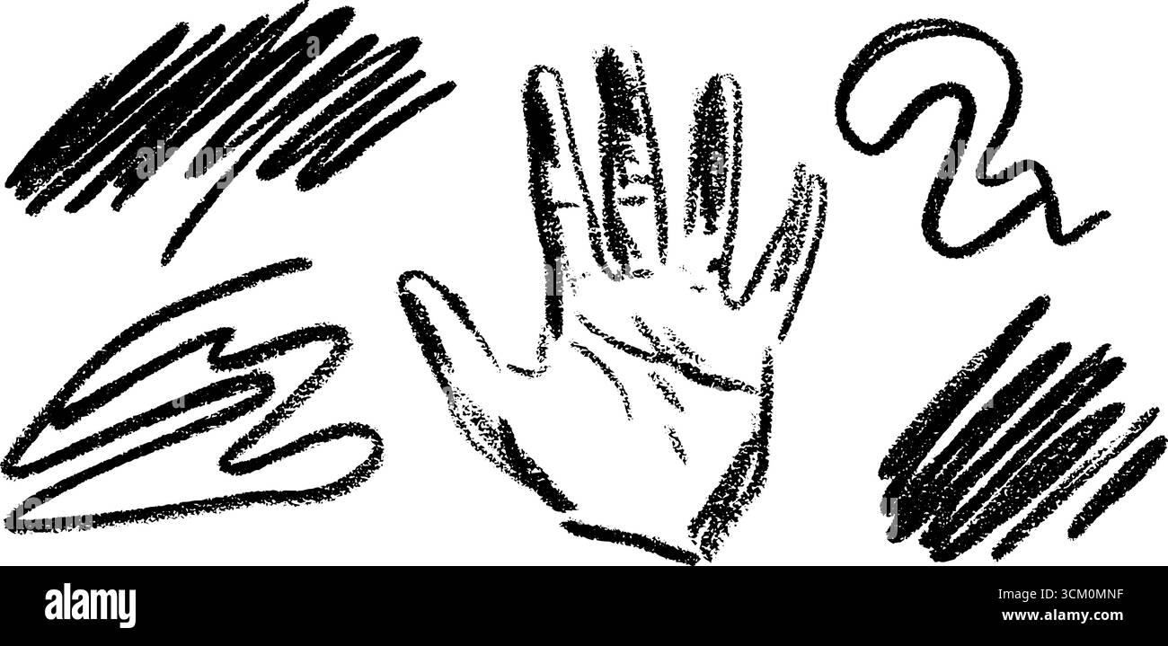 Artistic sketch of tiny hand signs and gripping hand for creative ...