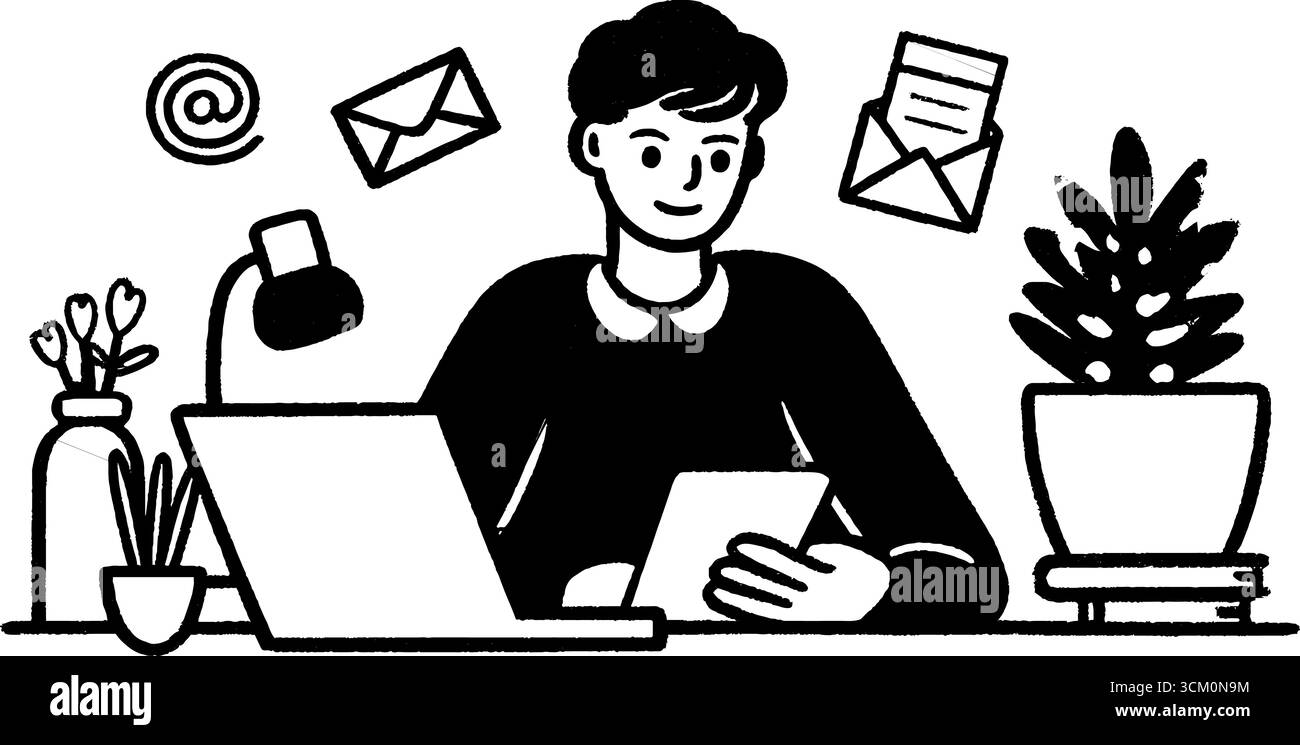 Tranquil workspace sketch with person reviewing documents for office ...