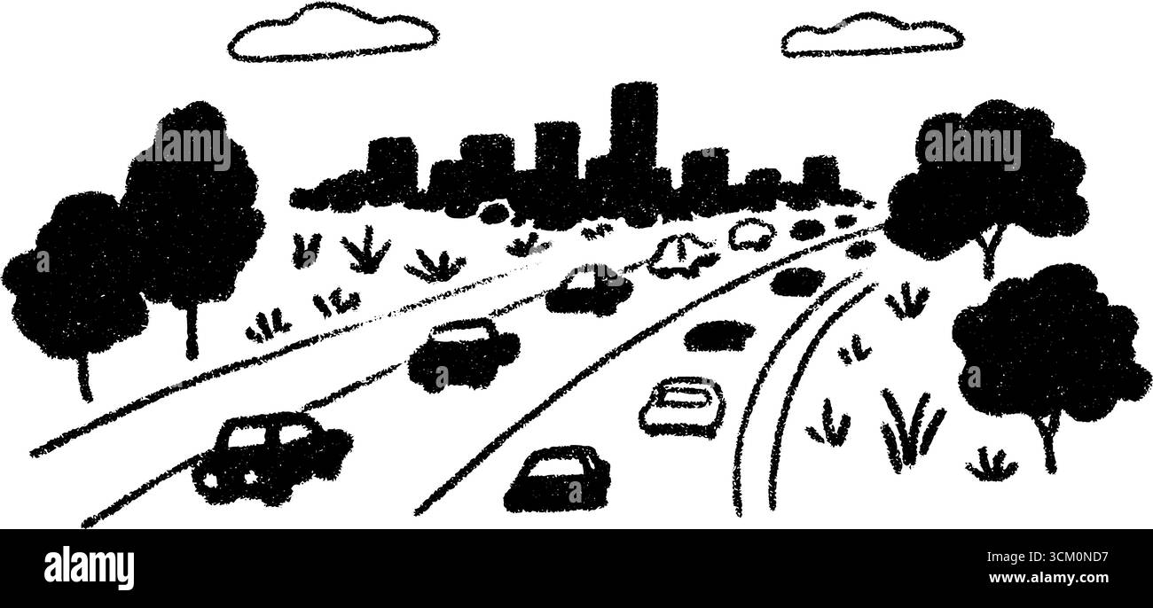 Urban traffic scene with busy main road and city skyline in sketch ...