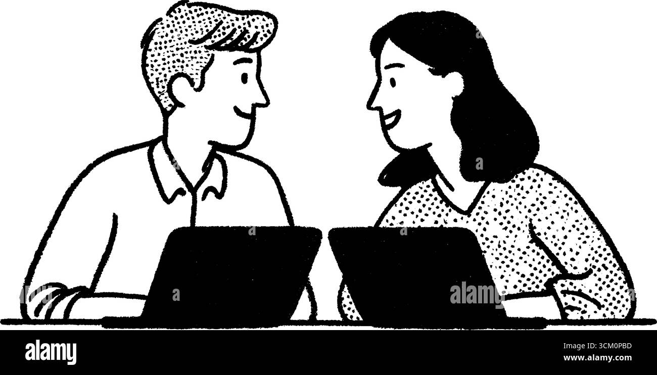 Engaging conversation between two people using laptops in sketch style ...