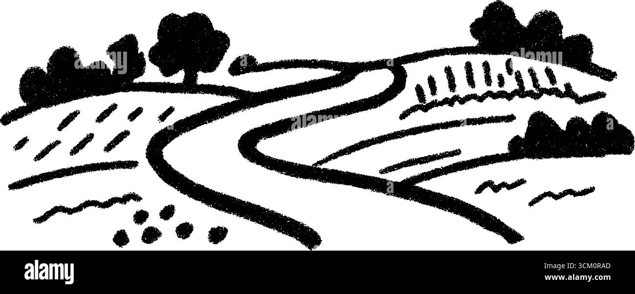 Rustic pathway sketch: winding dirt track in verdant fields Stock ...