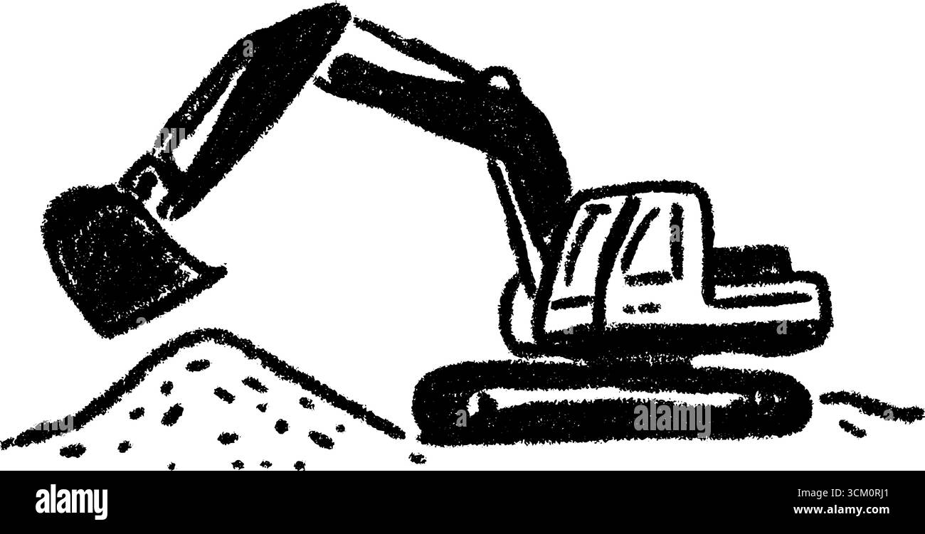 Mechanical digger in gravel pit sketch with textured crayon effect ...