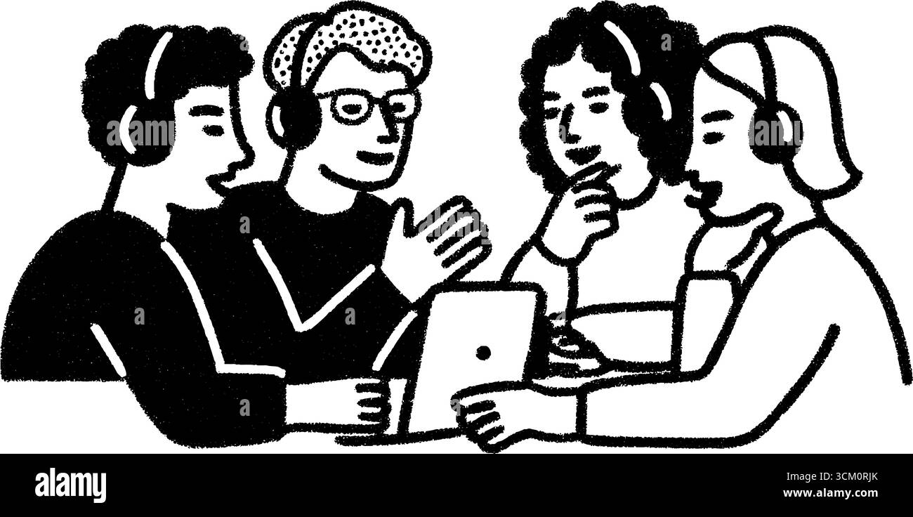 Tech team collaboration with headsets in a hand drawn style for ...