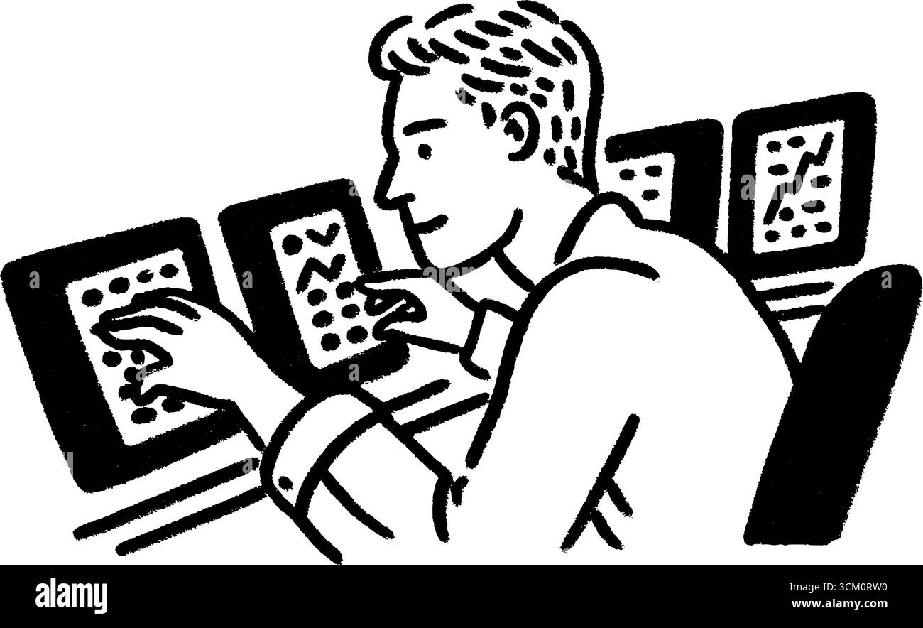 Analytical concept of a person comparing stocks on multiple screens ...