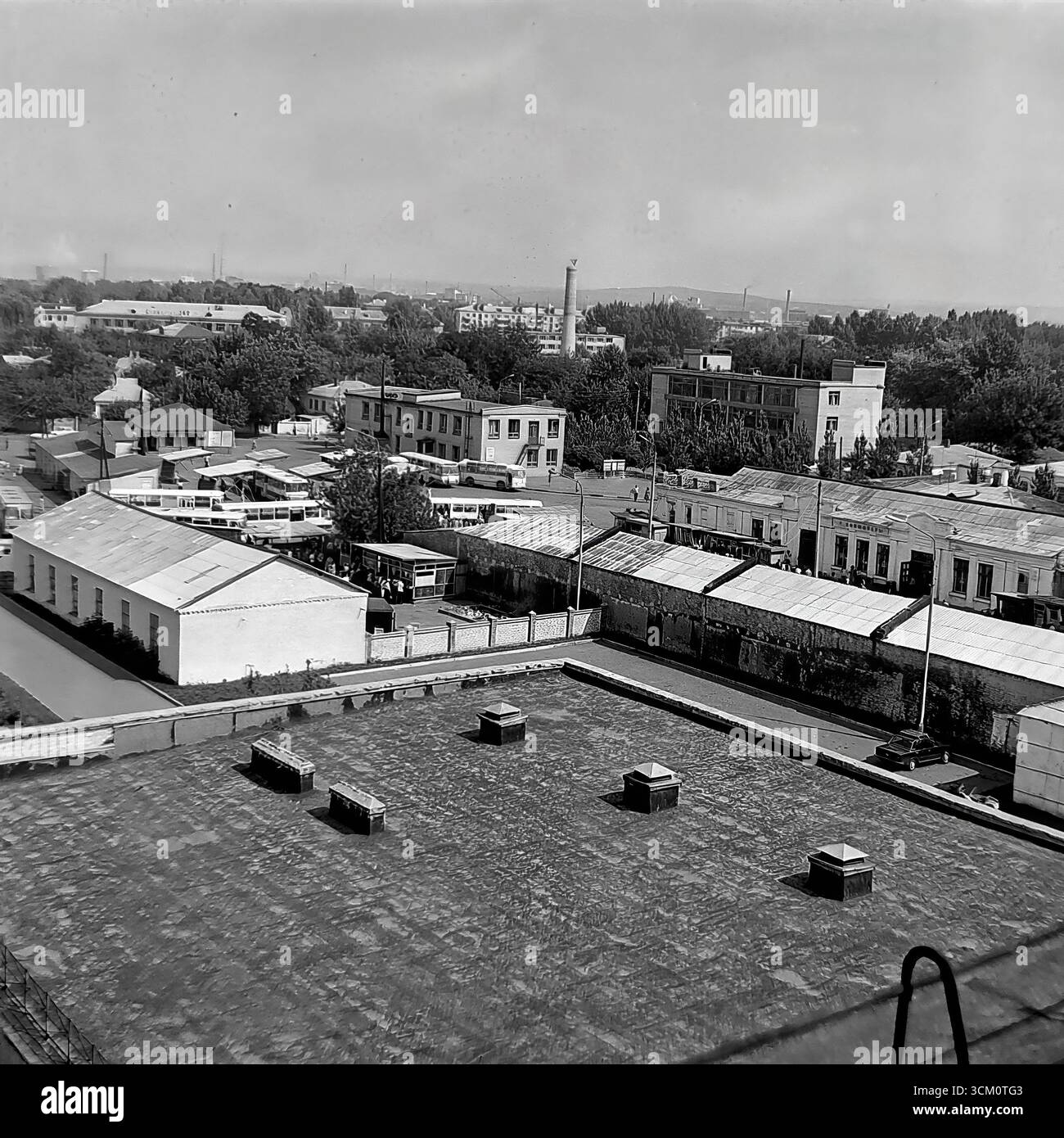 A high-angle view of the old bus station on October Revolution Square ...