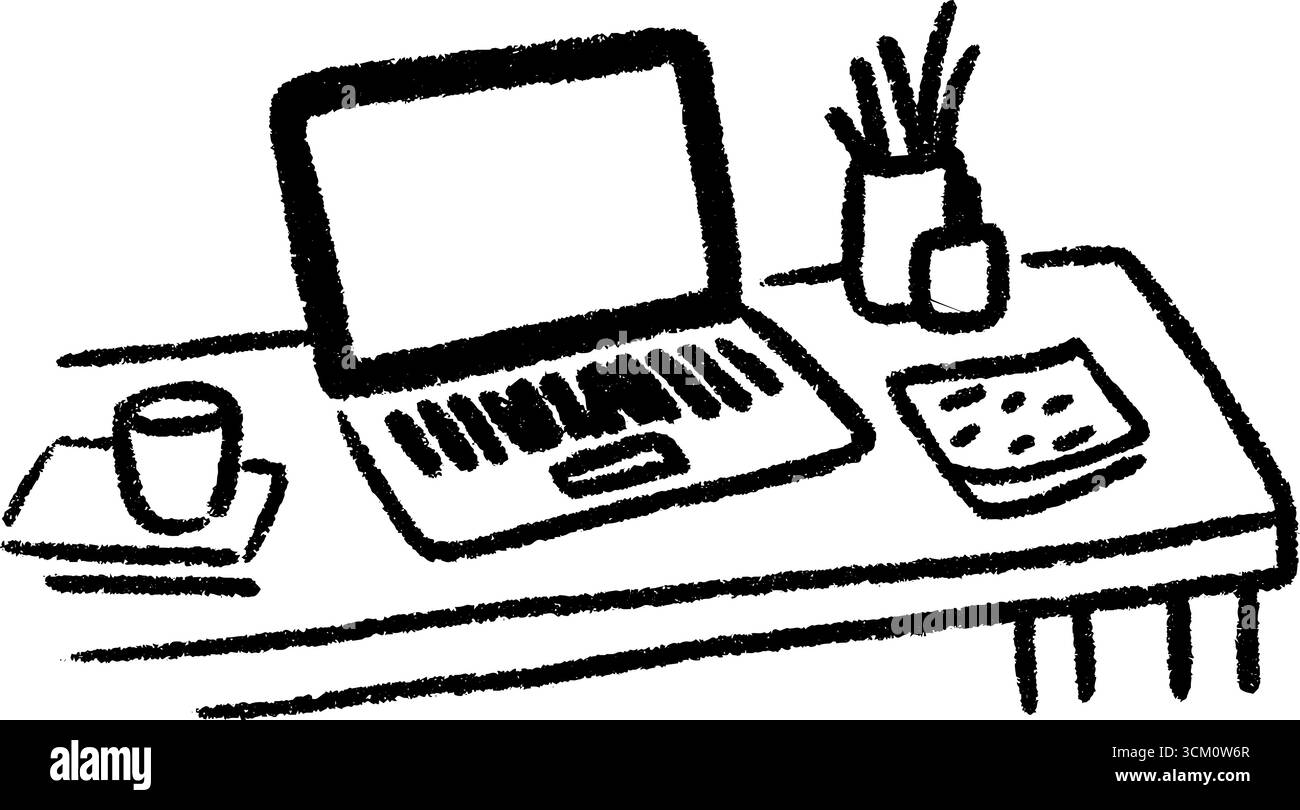 Minimalist standing desk setup sketch featuring laptop and accessories ...