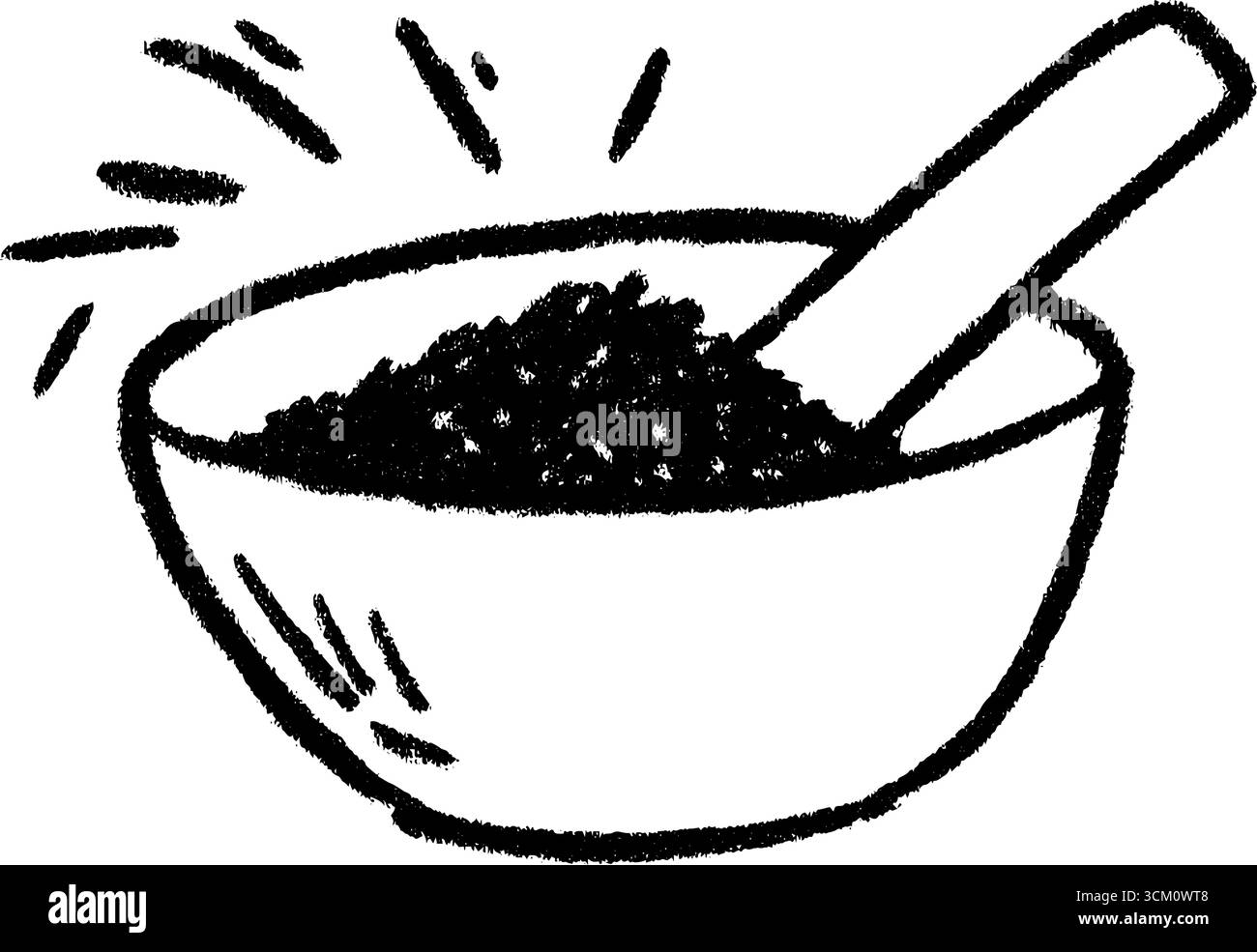 Hand drawn sketch of mortar and pestle with spices for culinary design ...