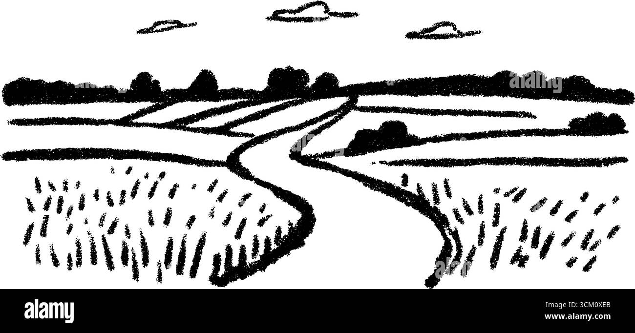 Hand-drawn sketch of dirt track winding through scenic green fields ...