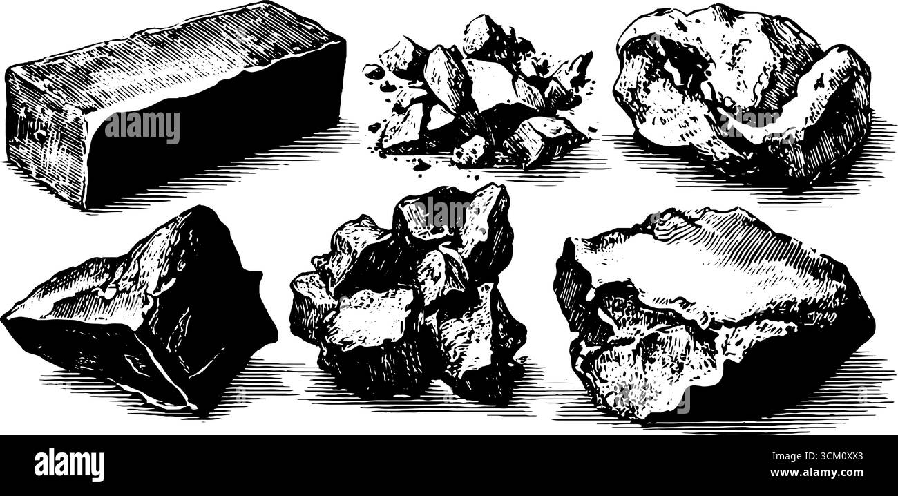 Vintage engraved set of ash particles and scattered debris illustration ...