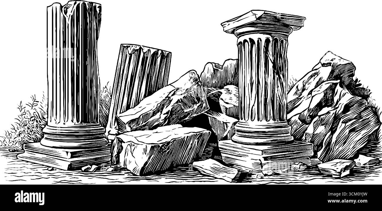 Ancient temple ruins with disjointed column bases for historical design ...