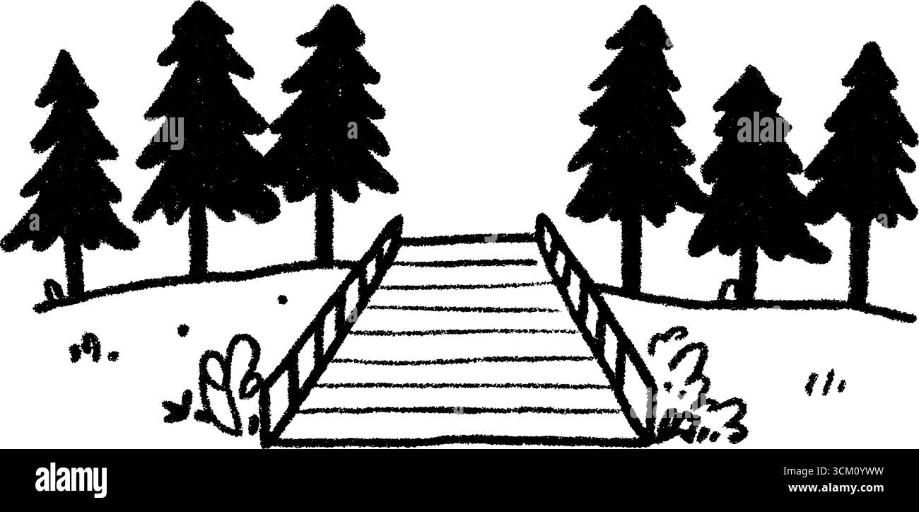 Hand drawn rustic footbridge over forest stream with pine trees Stock ...