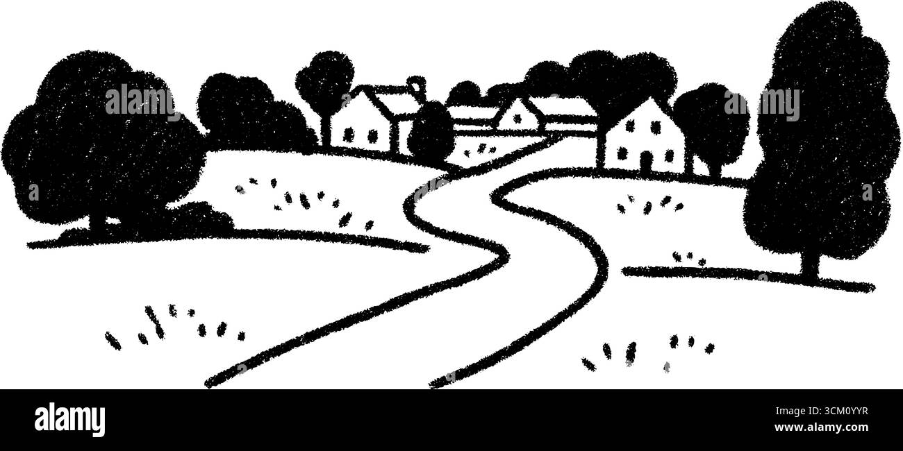Hand drawn sketch of a village road with trees and fences in rural ...