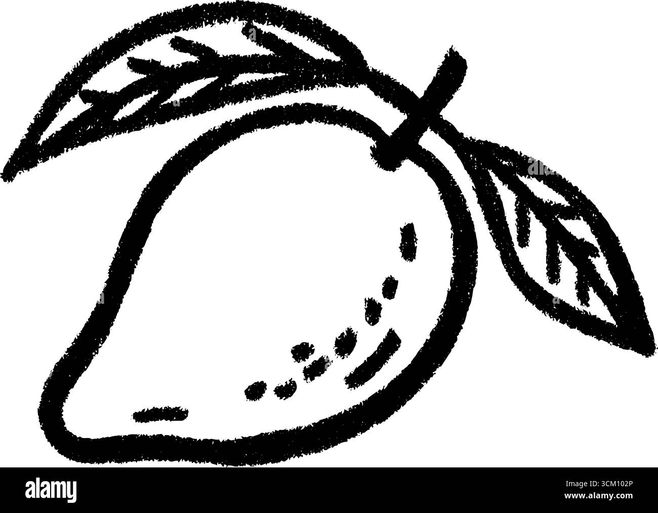 Bold black sketch of mango with bite taken out for artistic design ...