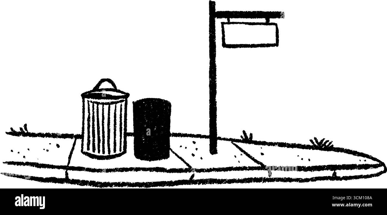 Street corner scene with trash bins and sign - urban sketch for design ...