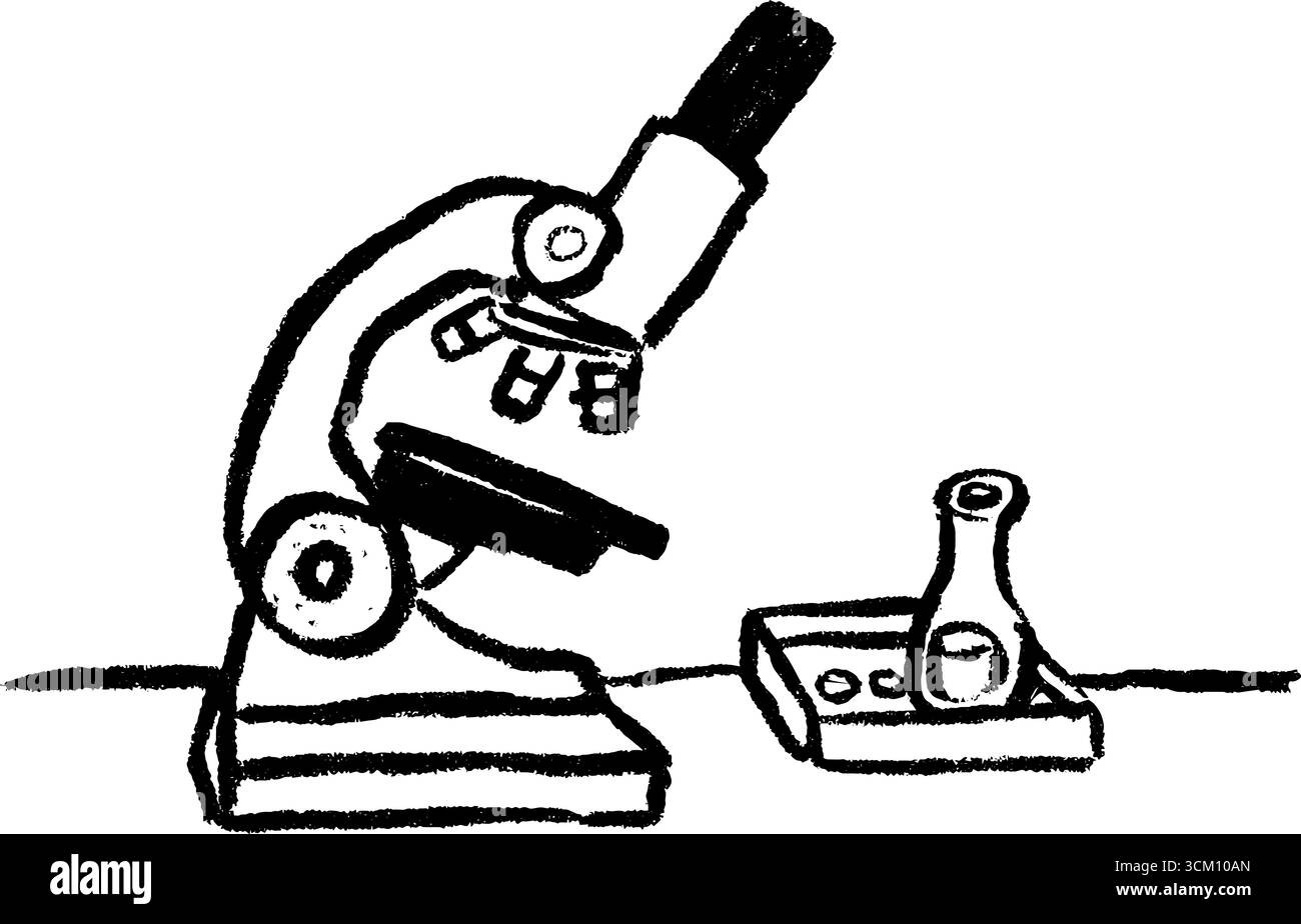 Hand drawn sketch of microscope on lab table for educational design ...