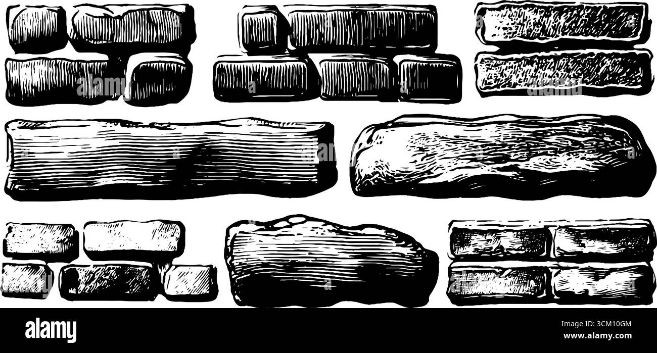 Vintage hand drawn set of clay tiles and baked bricks for construction ...