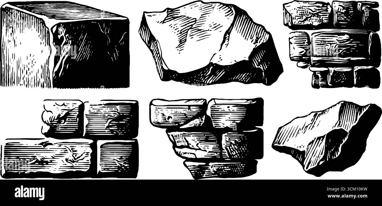 Vintage hand drawn set of stone bricks and chiseled blocks illustration ...