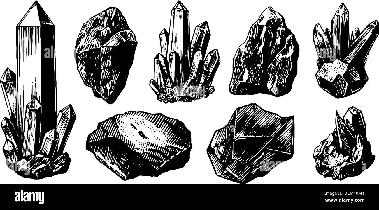 Vintage hand drawn set of crystals, quartz shards, and faceted gems for ...