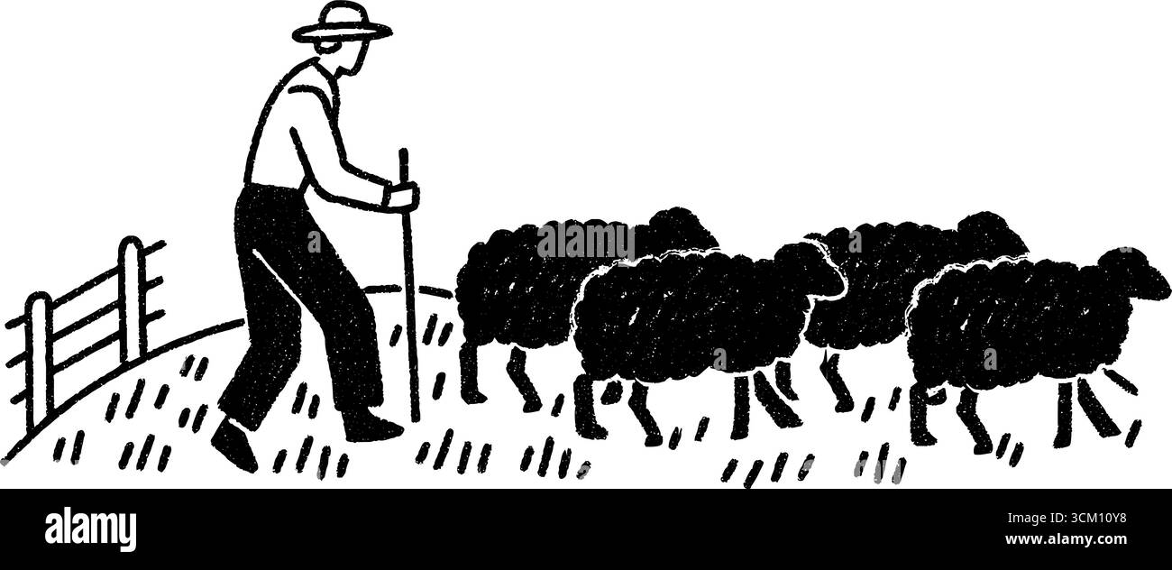 Farmer herding sheep with stick in rustic countryside scene sketch ...