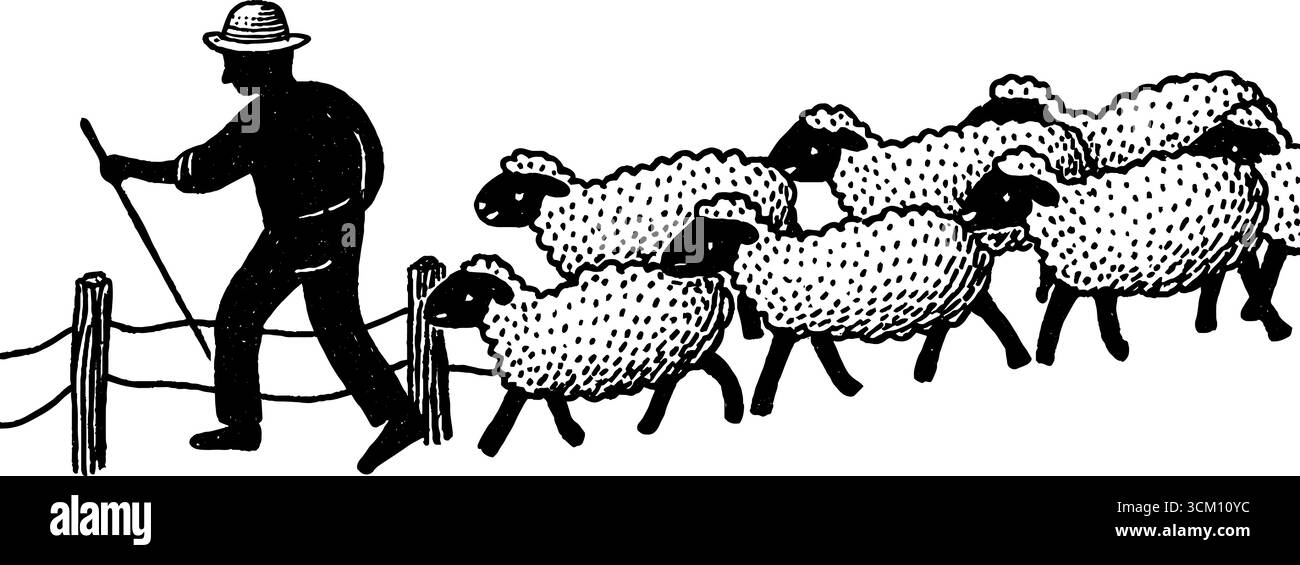 Rustic farm life: sketch of a farmer herding sheep with a stick Stock ...