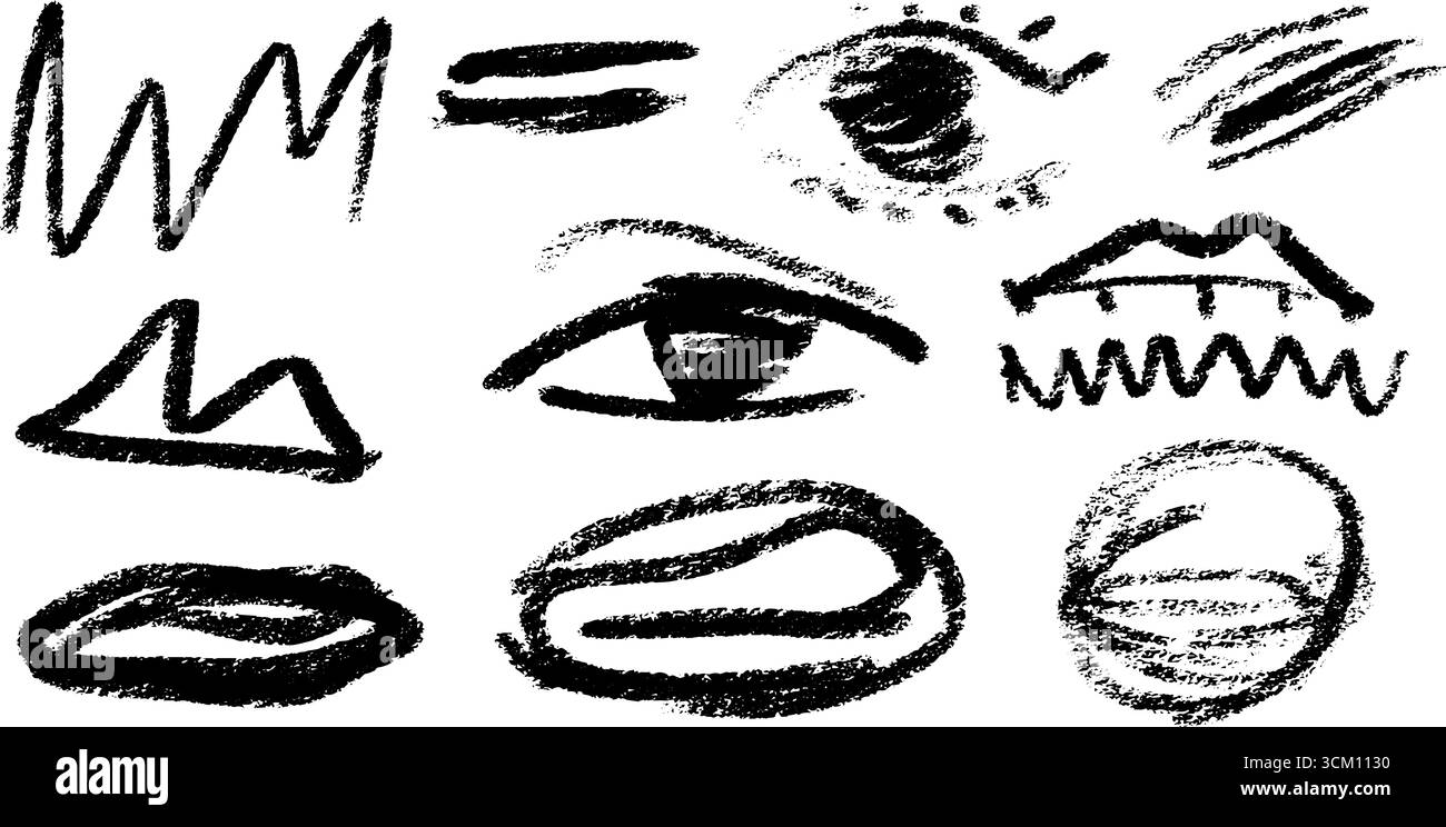 Abstract eye expressions in bold crayon lines with textured scribbles ...