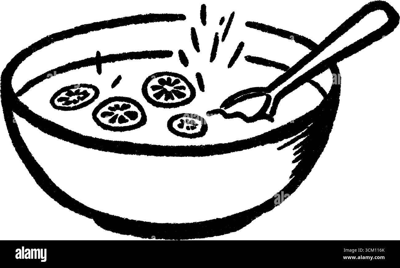 Hand drawn sketch of punch bowl with ladle and floating fruit for ...