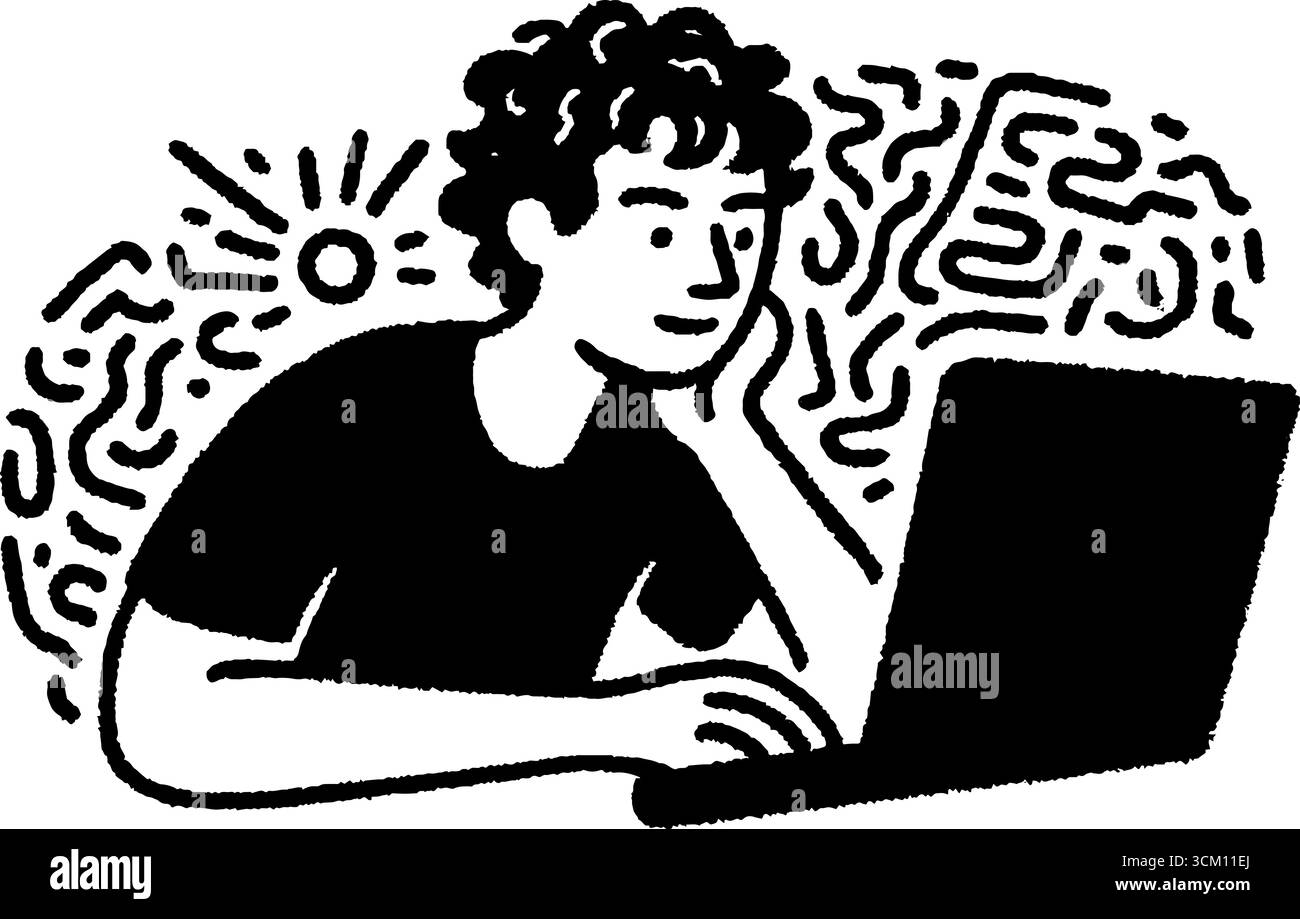 Creative sketch of a person learning to code with laptop for ...