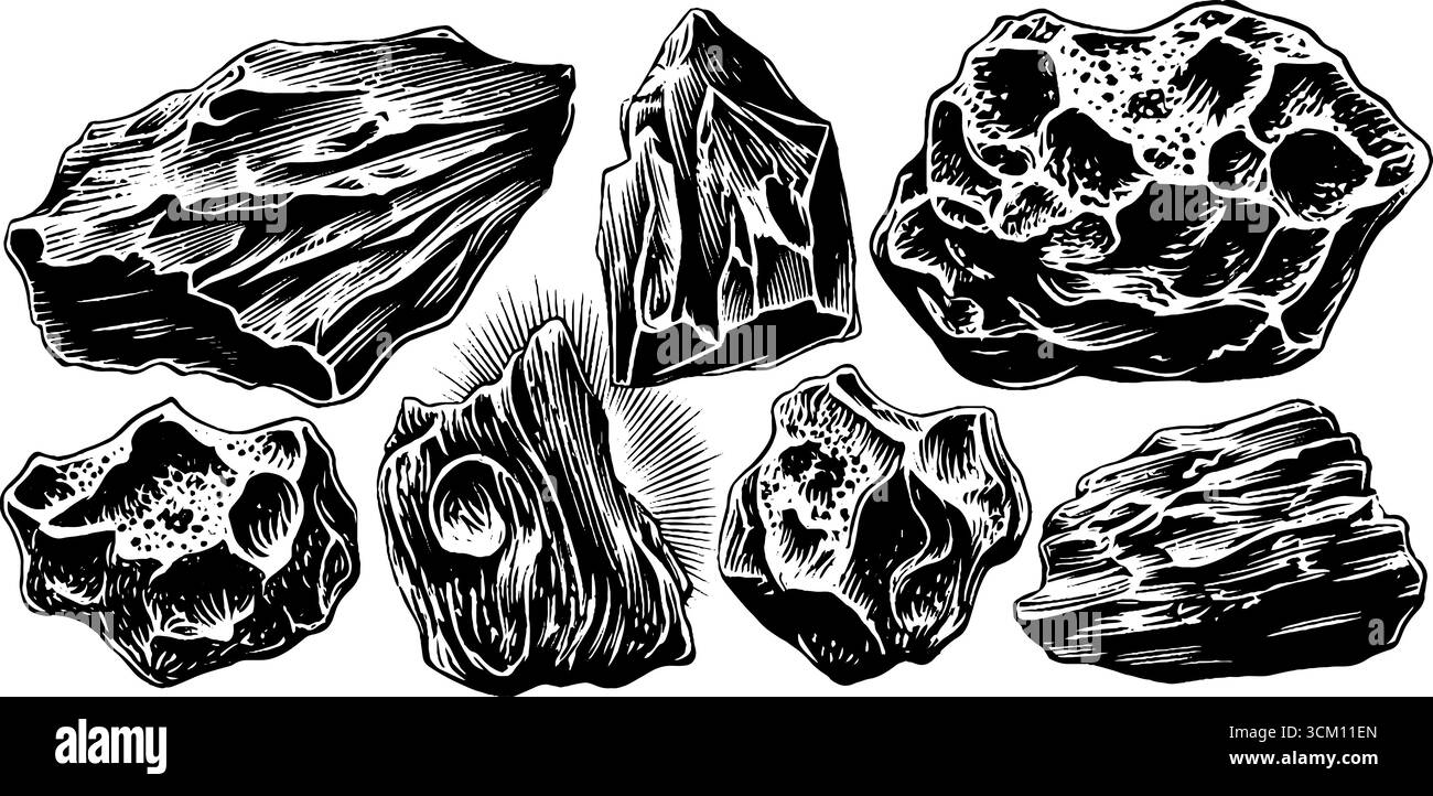 Hand drawn meteorite fragments with pitted surfaces for retro design ...