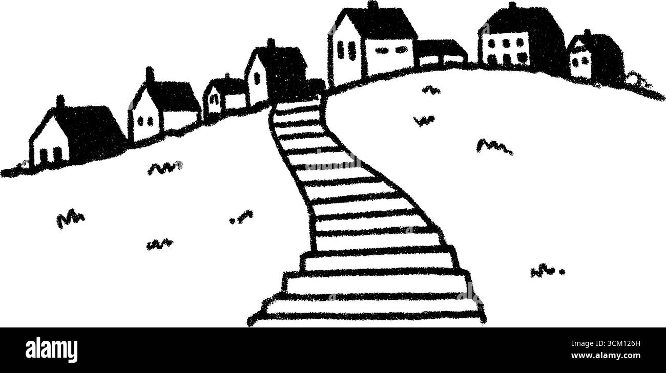 Uphill staircase street sketch with houses for urban design inspiration ...