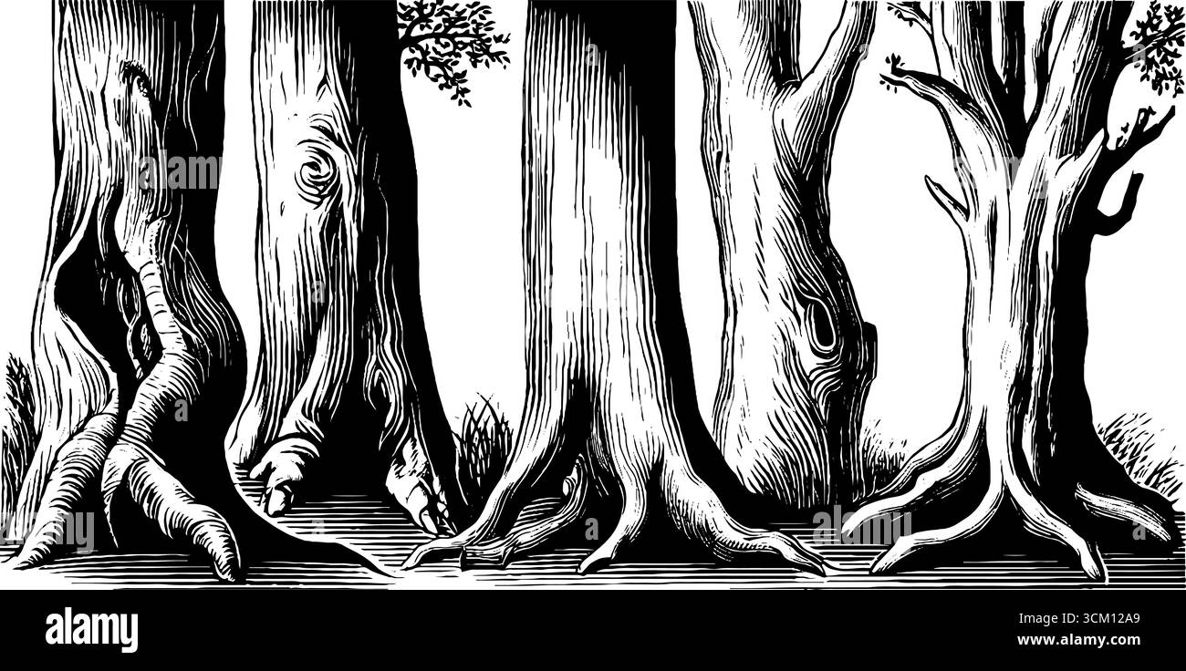 Vintage tree trunks and bark textures with branches silhouette for ...