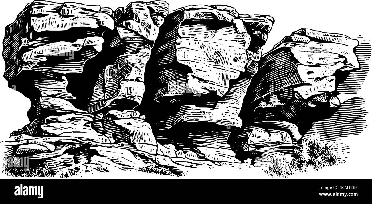 Weathered stone faces and erosion marks in retro hand drawn sketch for ...