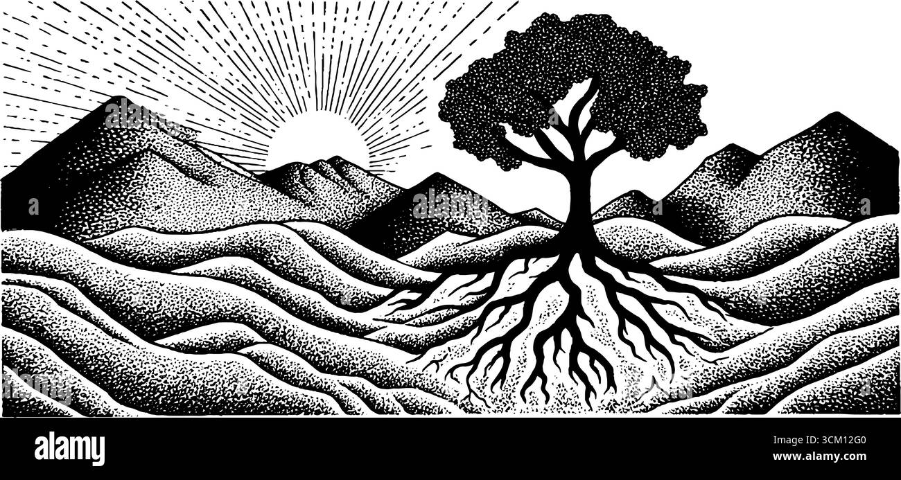 Vintage landscape with tree roots and sunlit hills for nature-inspired ...