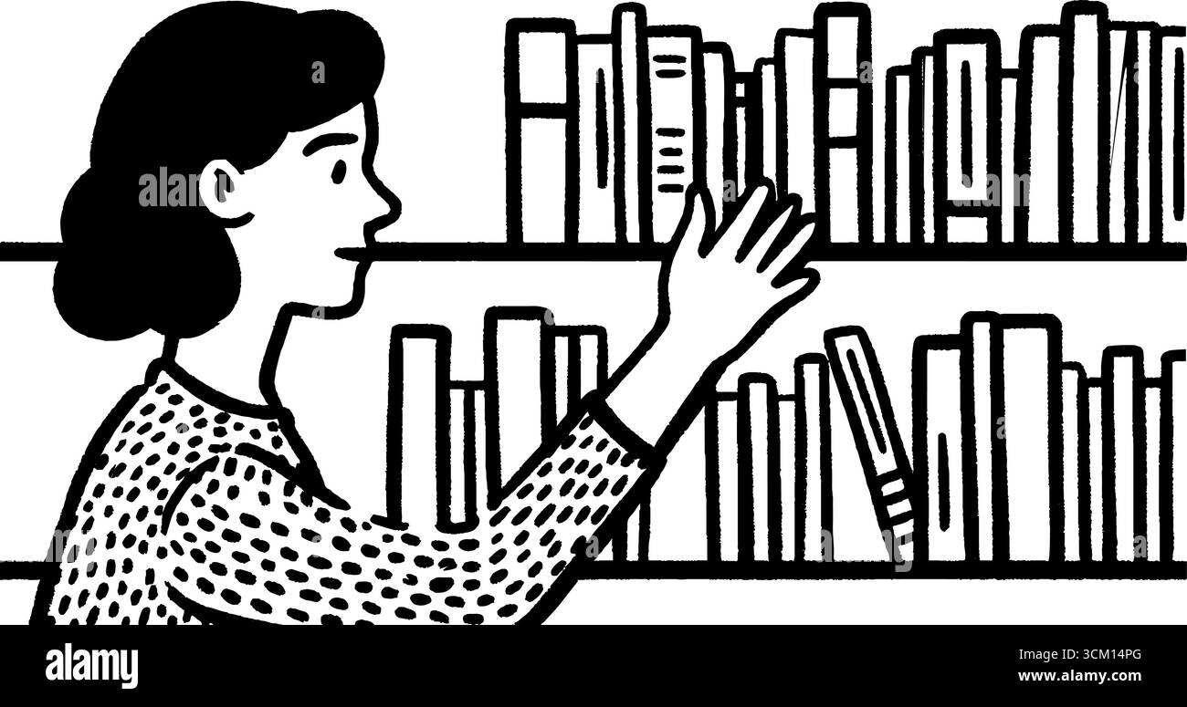 Librarian shelving books in a quiet room - hand drawn sketch for ...