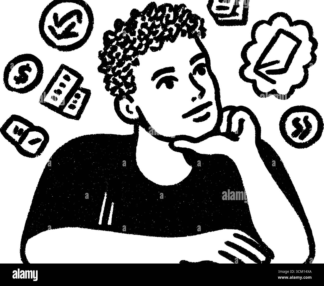 Contemplative sketch of a person with gold and commodity symbols for ...