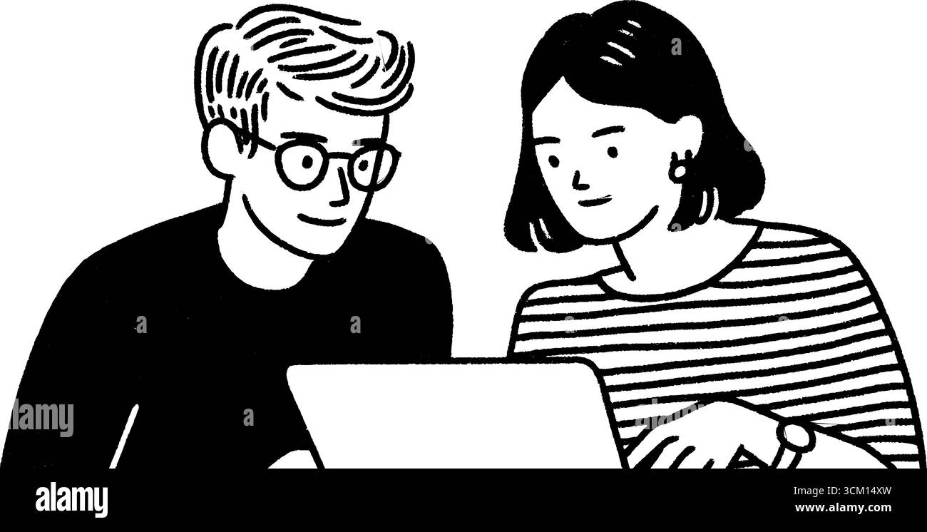 Collaborative student project preparation scene in sketch style for ...