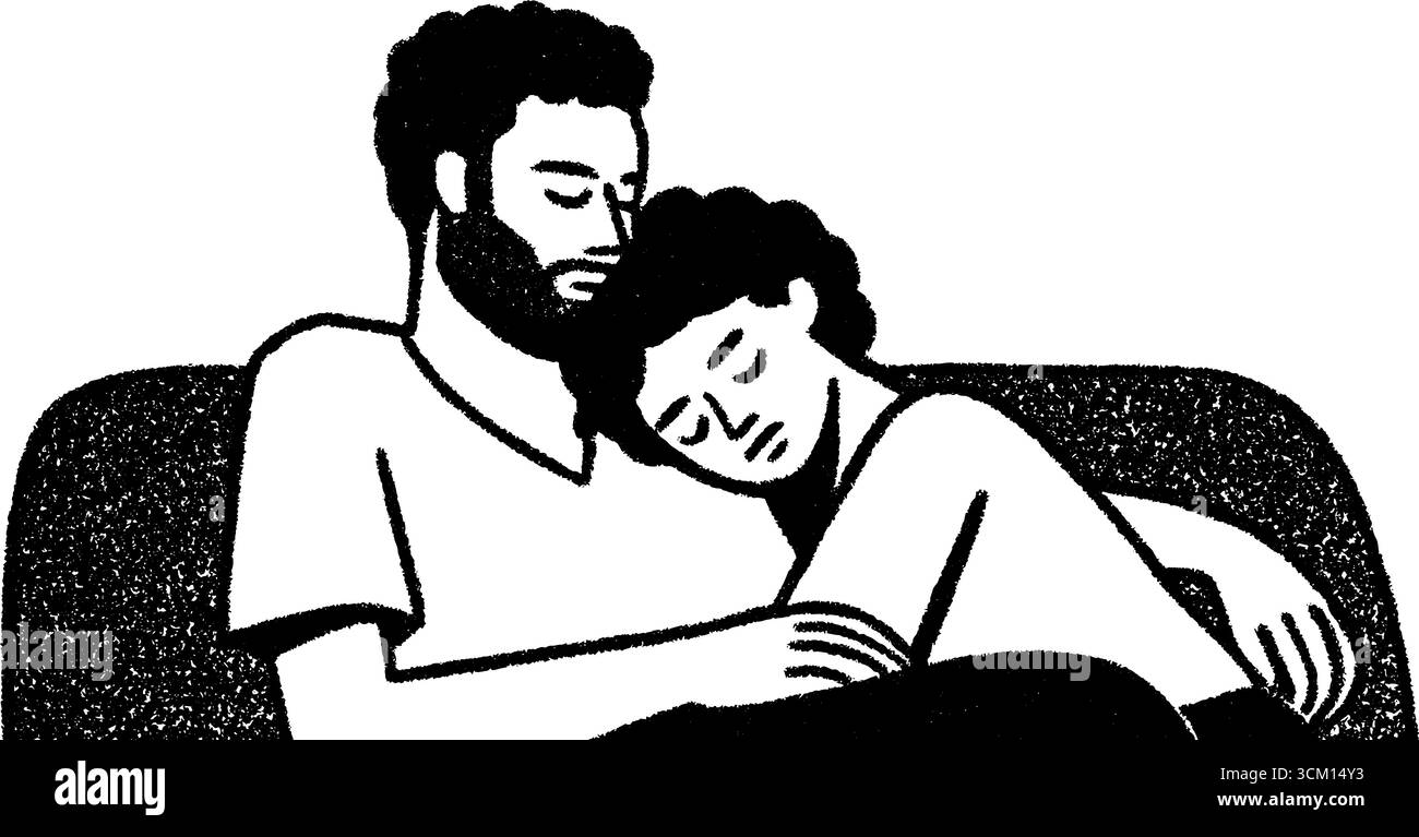 Emotional bonding moment: parent comforting child on couch sketch Stock ...