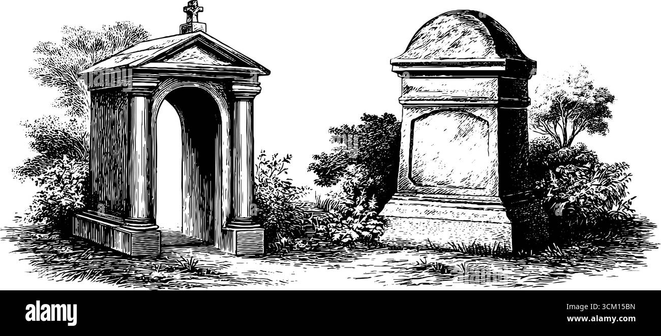 Vintage graveyard arch and crypt design for halloween decor and cards ...