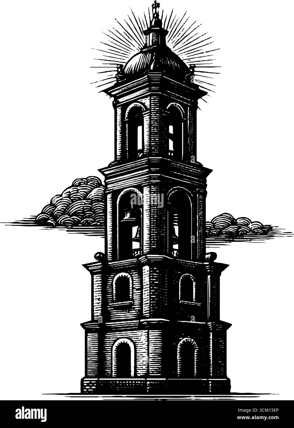 Vintage hand-drawn bell tower engraving - architectural design for ...