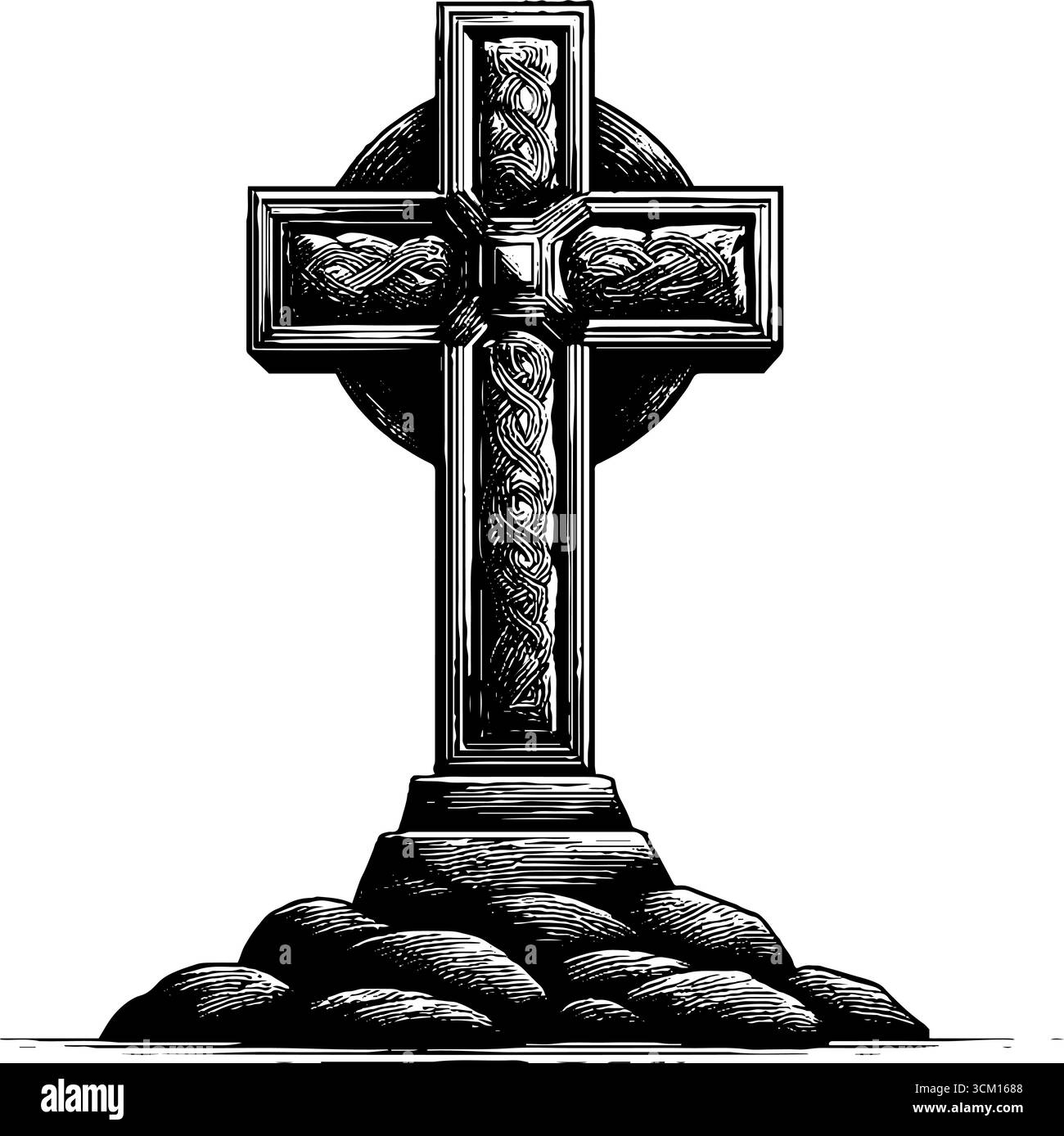 Celtic stone cross engraving: vintage religious symbol for design Stock ...