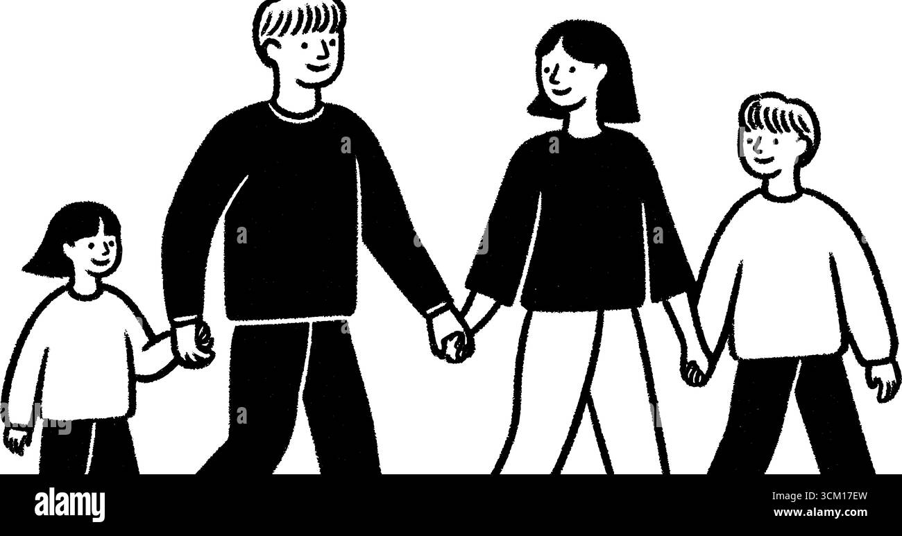 Family bonding: parents walking hand in hand with children, black and ...