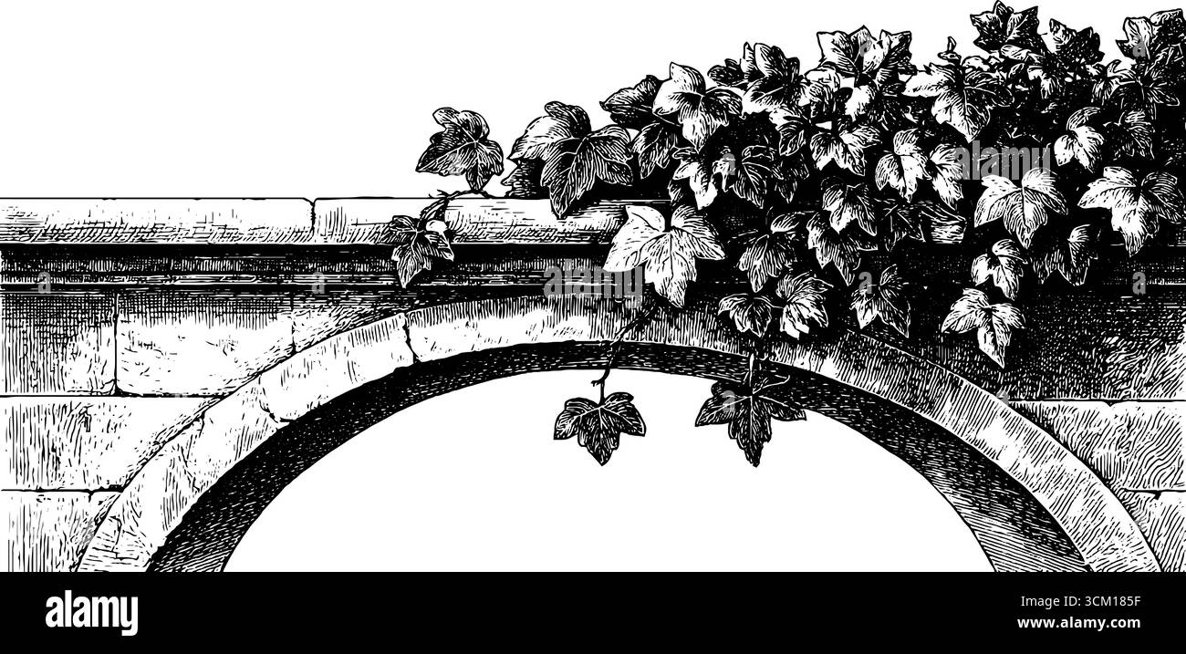 Ornate stone bridge with ivy covered rail in vintage style for design ...