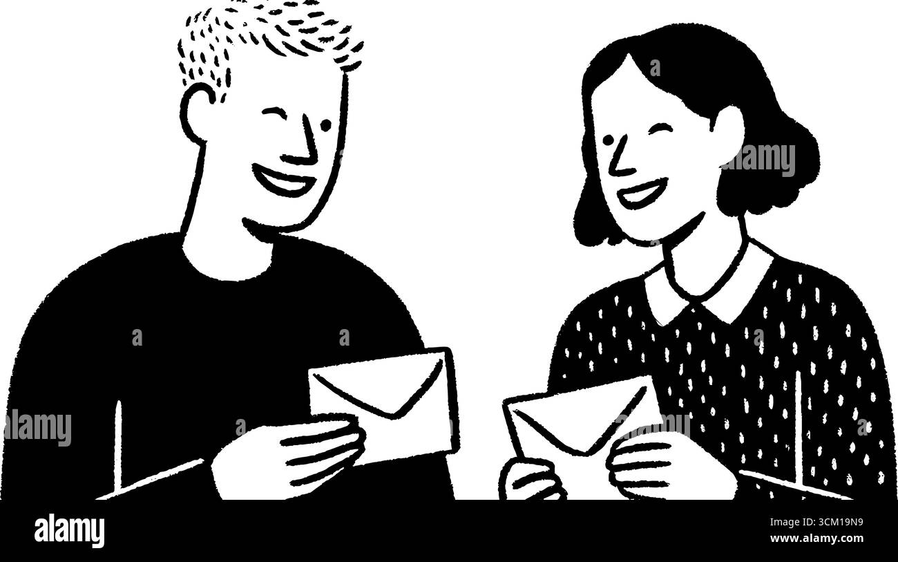 Heartfelt exchange: sketch of two people sharing letters with warm ...