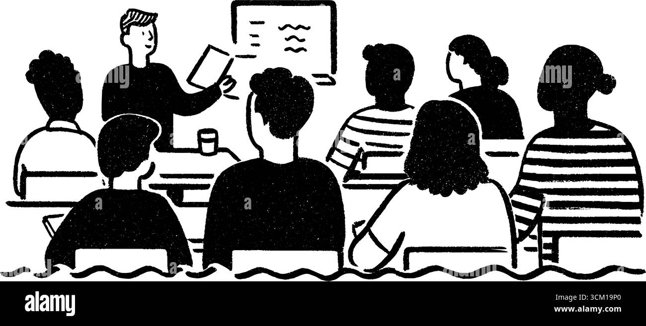 Classroom presentation scene with student reading aloud to peers for ...