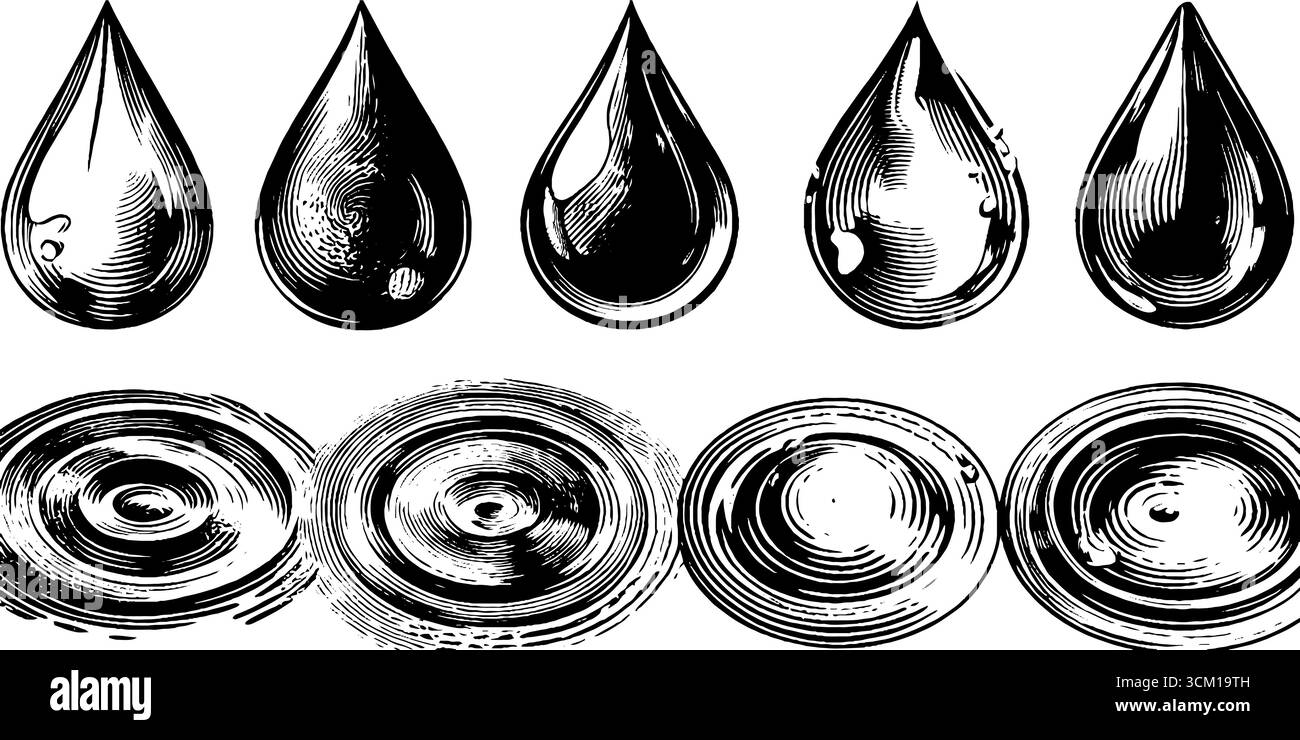 Vintage hand drawn raindrops and water ripples illustration for design ...
