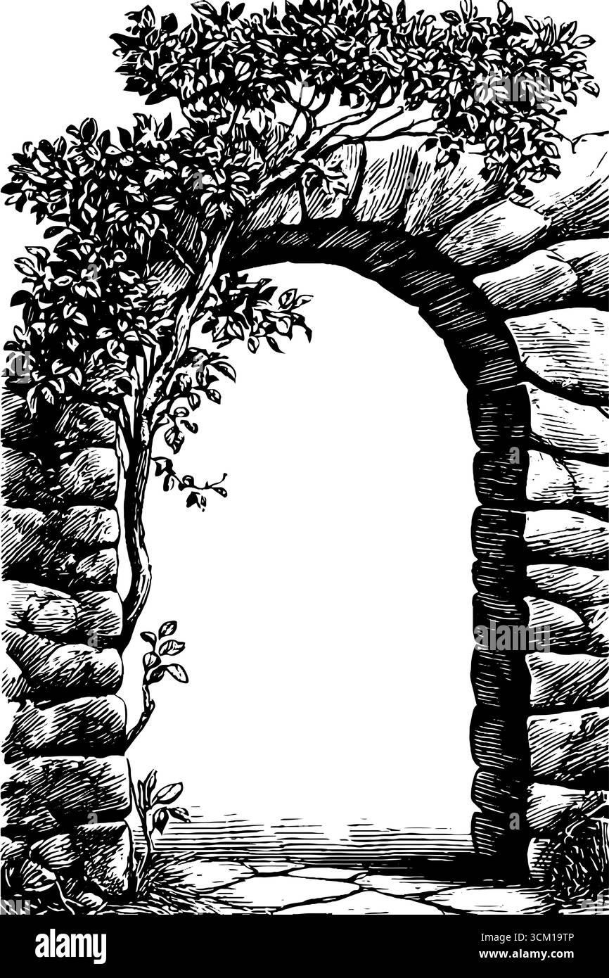 Vintage illustration of an ancient stone arch with climbing vines Stock ...