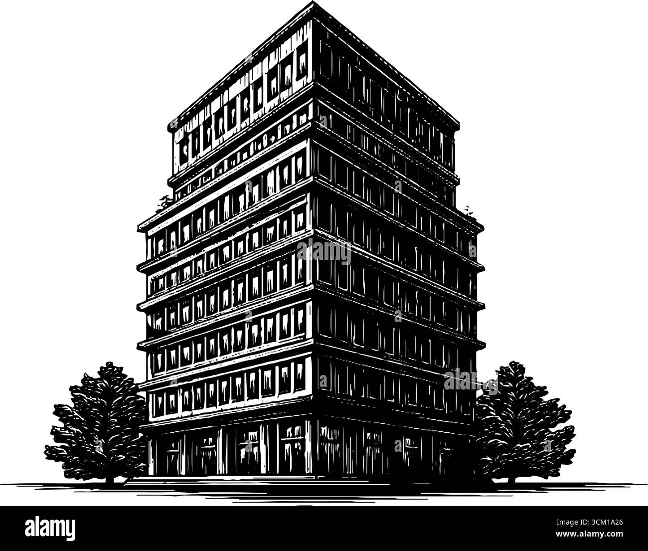 Engraved illustration of brutalist concrete building with trees for ...