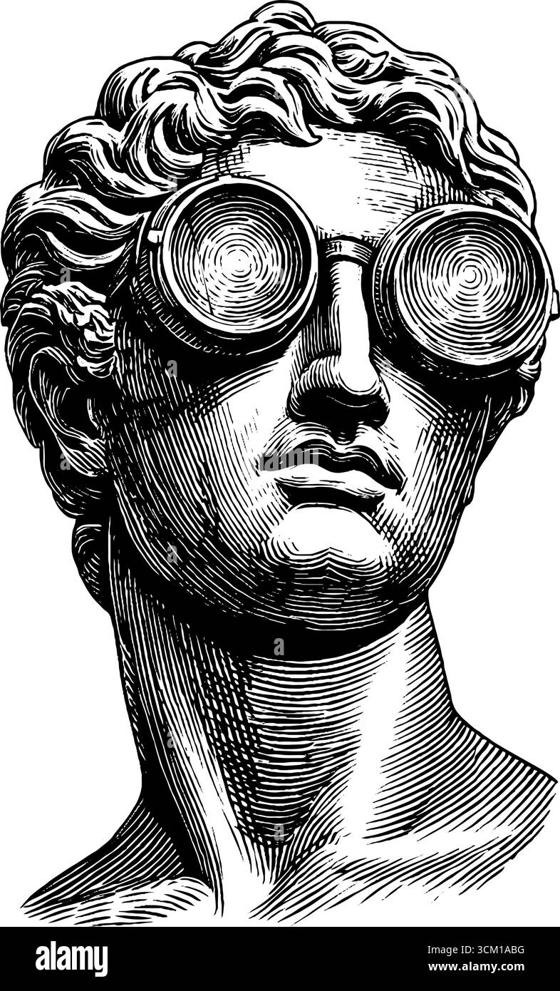 Steampunk inspired statue with round goggles engraving - vintage art ...